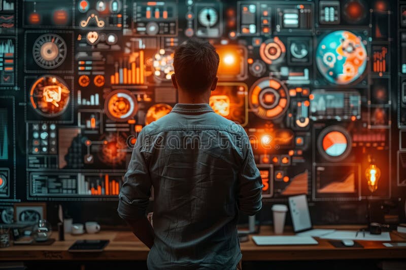 Man Facing Complex Control Panel with Gauges Stock Photo - Image of ...