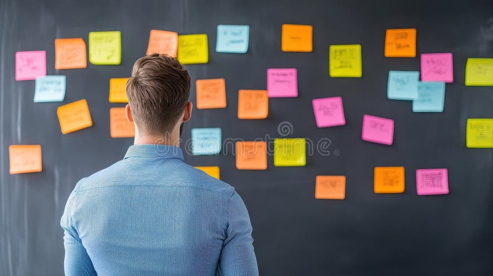Man Analyzing a Wall Full of Sticky Notes for Software Development ...