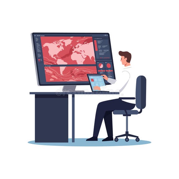 Man Analyzing World Map and Data on Computer and Tablet Flat Digital ...