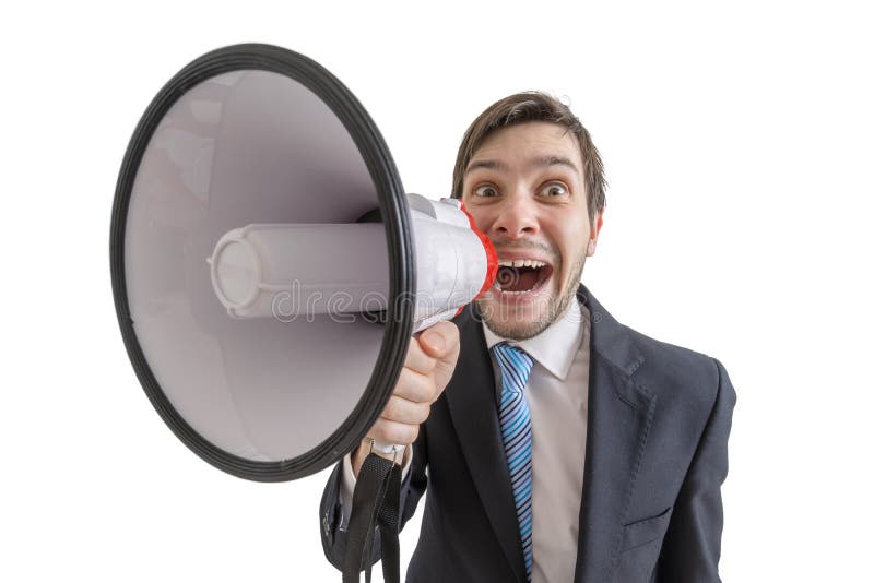 Man is Announcing Advertisement with Megaphone. Isolated on White ...