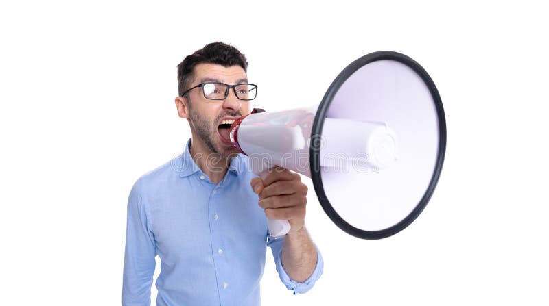 Man Announcing with Anger in Megaphone at Studio. Shouting Man ...