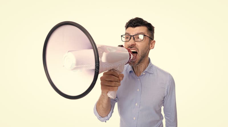 Man Announcing with Anger in Megaphone at Studio. Shouting Man ...