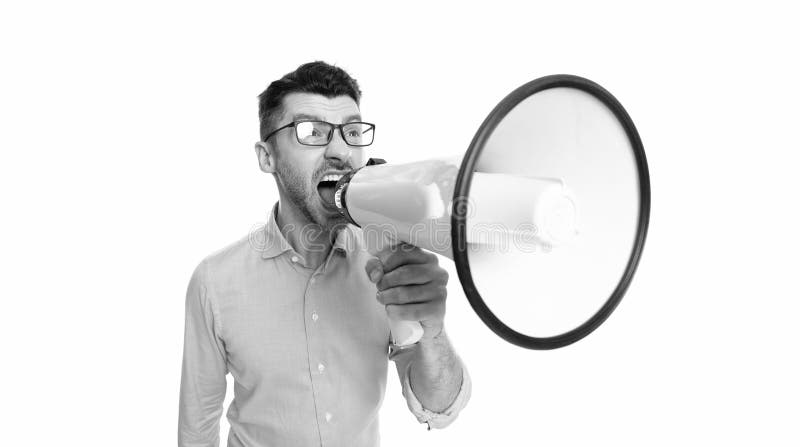 Photo of Man Announcing with Megaphone. Man Announcing with Megaphone ...