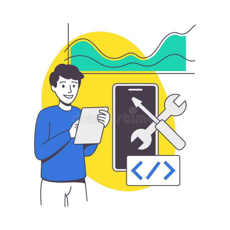 Man App Dev Professional Developing Software Application For Mobile Device Vector Illustration