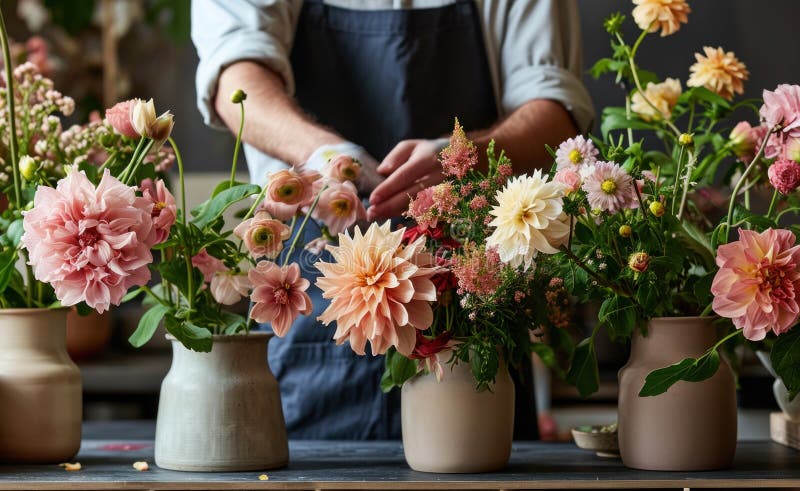 A Man in an Apron Arranging Flowers in Containers Stock Photo - Image ...