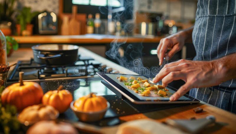 A Man in an Apron Cooking Food on a Tablet in a Kitchen Stock Image ...