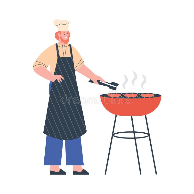 Man in Apron Grilling Meat on BBQ, Flat Vector Illustration Isolated on ...