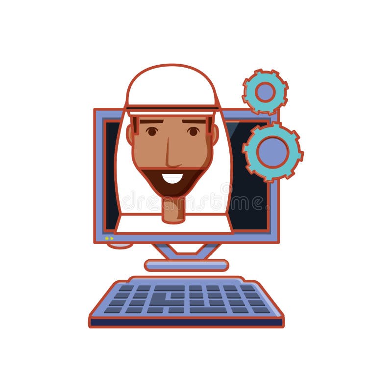 Man Arab with Computer Desktop and Gears Stock Vector - Illustration of ...