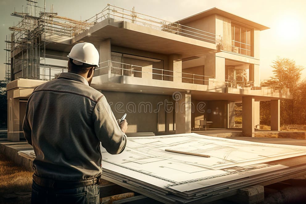 Man Architect or Builder Working Blueprint at Construction Site at ...