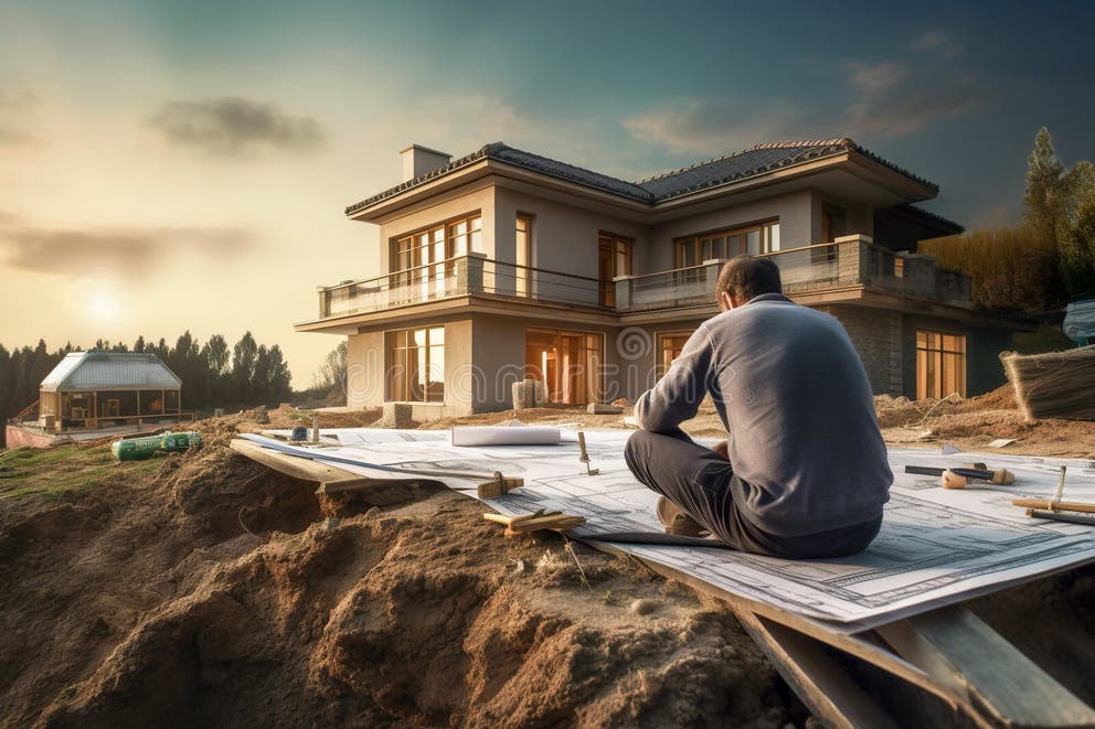 Man Architect or Builder Working Blueprint at Construction Site at ...