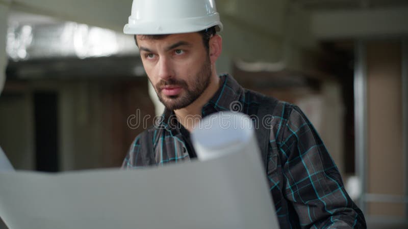 Man Architect Civil Engineer Builder Foreman Looking Blueprint Plan ...