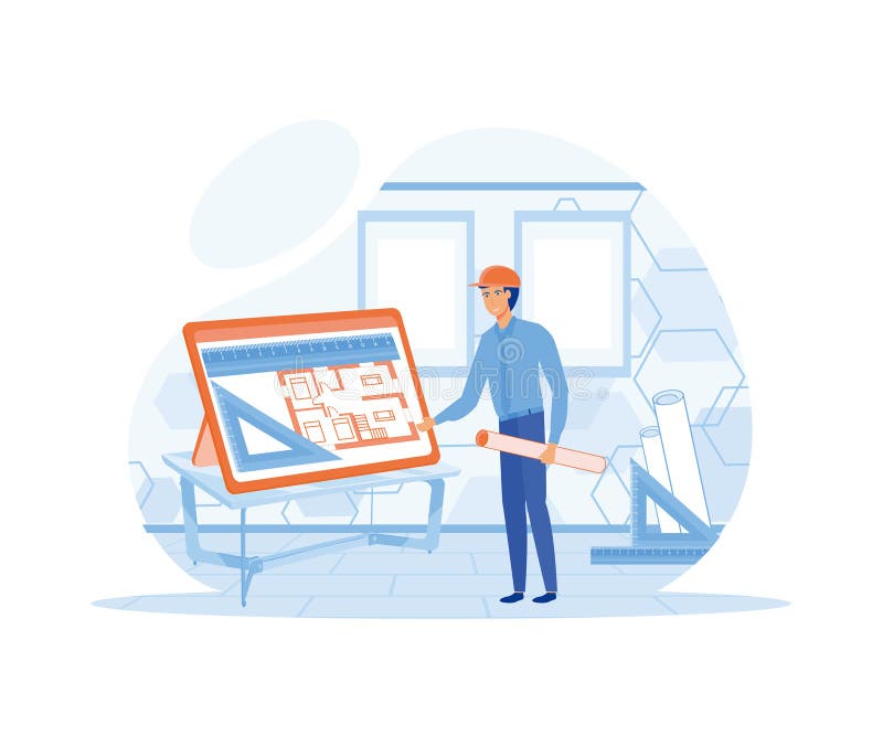 Man Architect Creator Drafting Flat Cartoon Vector Illustration. Stock ...