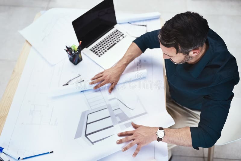 Man, Architect and Drawing Blueprint for Engineering or Creative ...