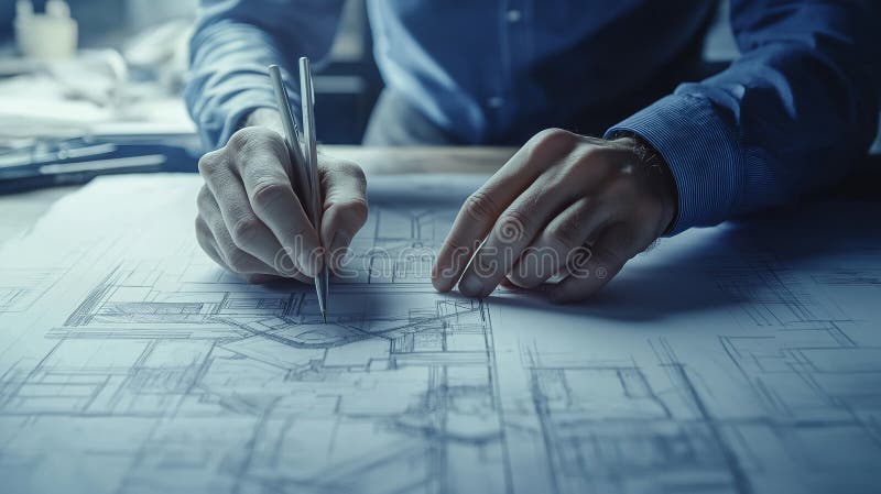 A Man Architect Drawing Sketch on Blueprint Paper. Concept of Design ...