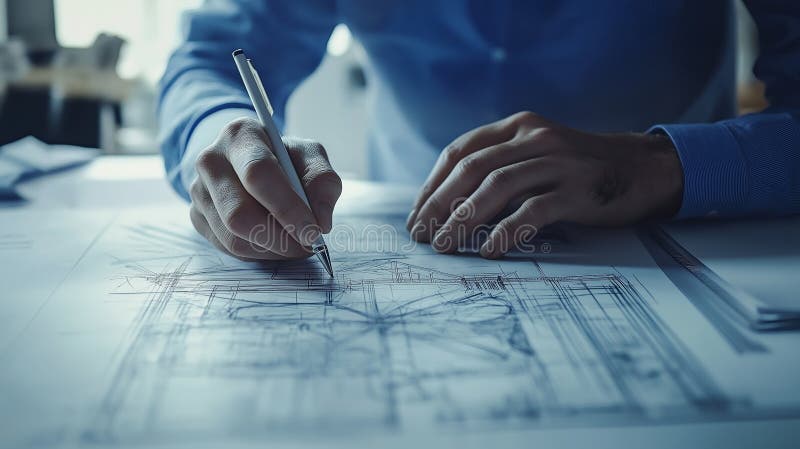 A Man Architect Drawing Sketch on Blueprint Paper. Concept of Design ...