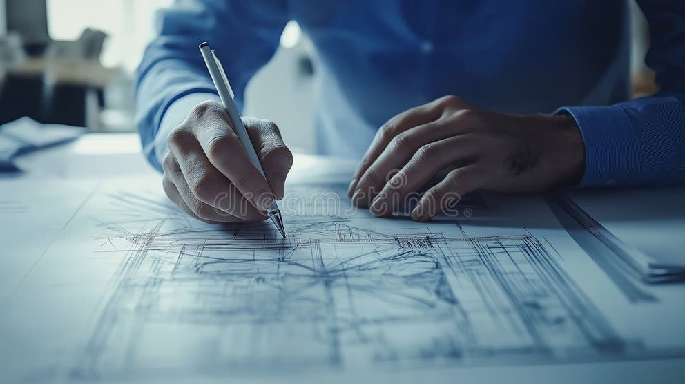 A Man Architect Drawing Sketch on Blueprint Paper. Concept of Design ...