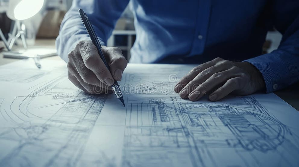 A Man Architect Drawing Sketch on Blueprint Paper. Concept of Design ...