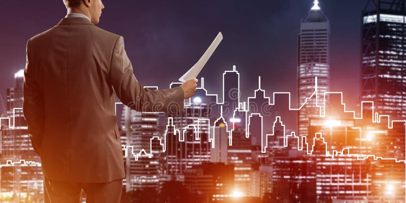 Man Architect or Engineer Presenting Construction Concept and Holding ...