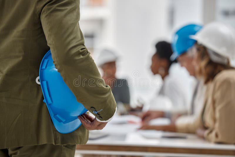 Man, Architect and Hands in Meeting for Construction, Teamwork or Project Plan with Safety ...