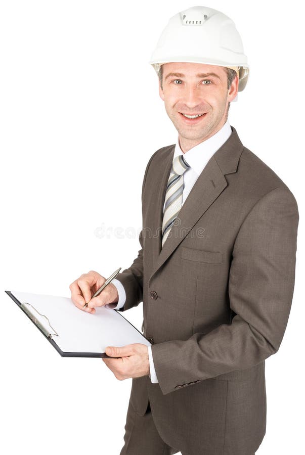 Man Architect in Helmet Writing on Document Stock Photo - Image of ...