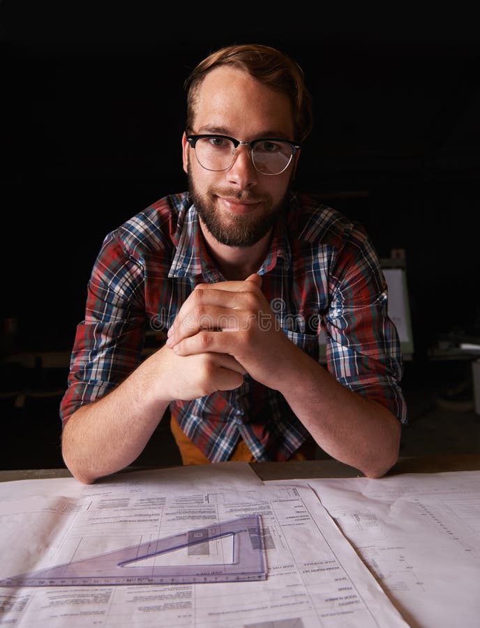 Man, Architect in Portrait with Blueprint in Workshop and Professional ...