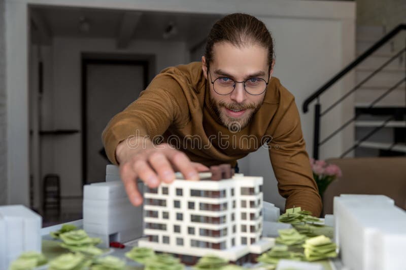 Man Architect Working in Office on Creation of New Residential Complex ...