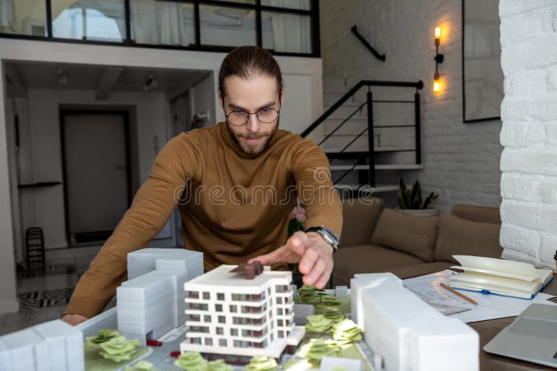 Man Architect Working in Office on Creation of New Residential Complex ...
