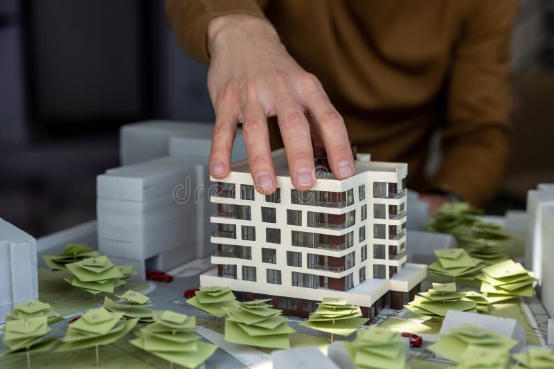 Man Architect Working in Office on Creation of New Residential Complex ...