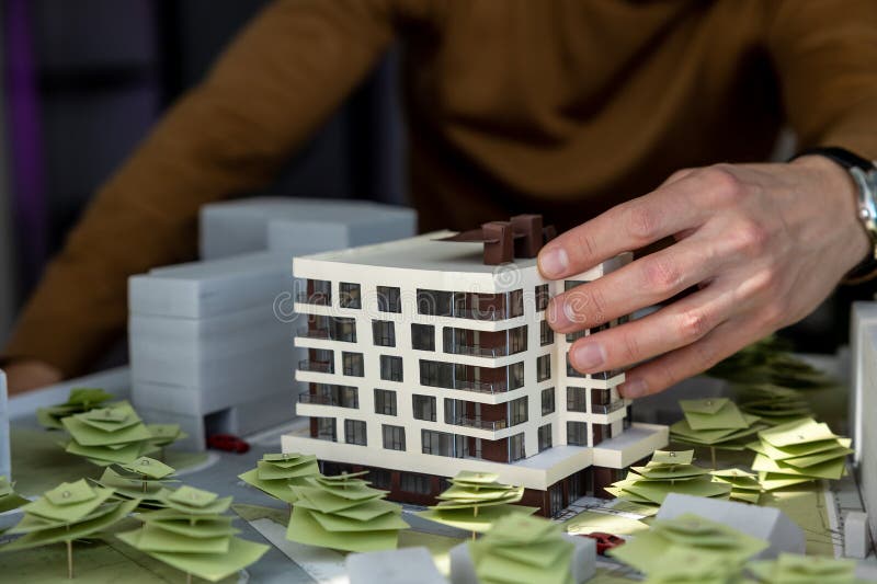 Man Architect Working in Office on Creation of New Residential Complex ...