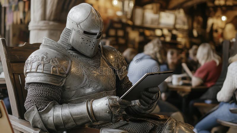 A Man in Armor Sitting at a Table with an Tablet Computer, AI Stock ...