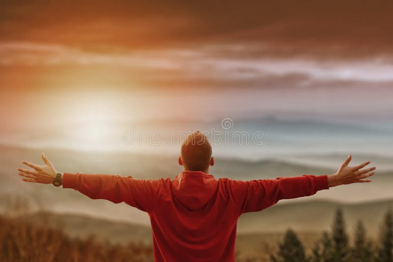 Man with Arms Spread Looking at Mountains Stock Image - Image of male ...