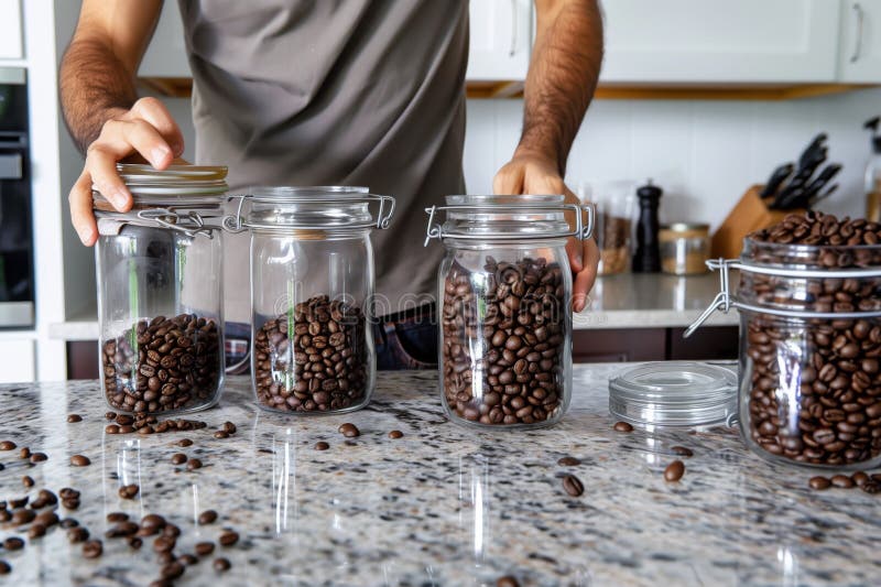 Man Arranging Glass Jars Filled with Coffee Beans on a Kitchen Counter ...
