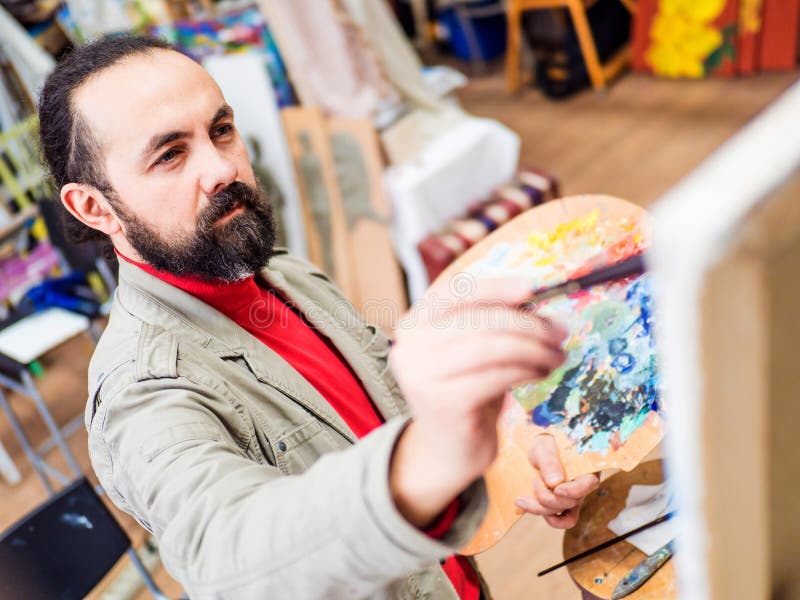 Artist Create His Picture in Studio Stock Image - Image of beard ...