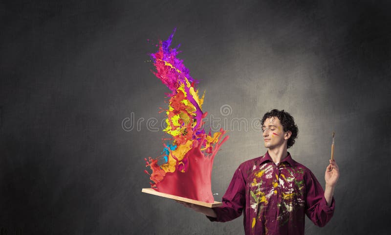 Man Artist Painting with Brush Stock Image - Image of caucasian ...