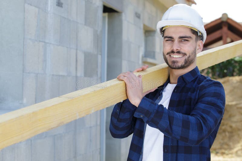 Man As Builder Carrying Wood and Working Stock Photo - Image of helmet ...