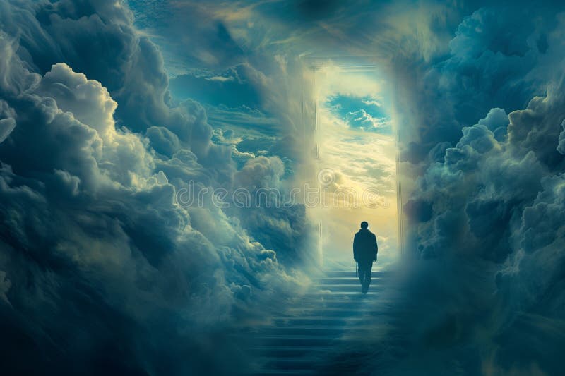 Man Ascending Stairs in Front of Archway in Vibrant Clouds Stock ...