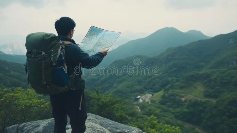Man Ascends Mountain with Map, Outdoor Adventure with Majestic Mountain ...