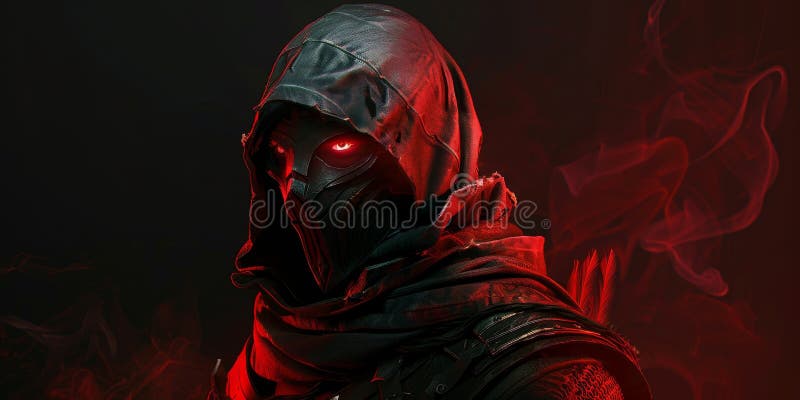 A Man Assassin Wearing a Red Hooded Suit with Red Eyes Stock Photo ...