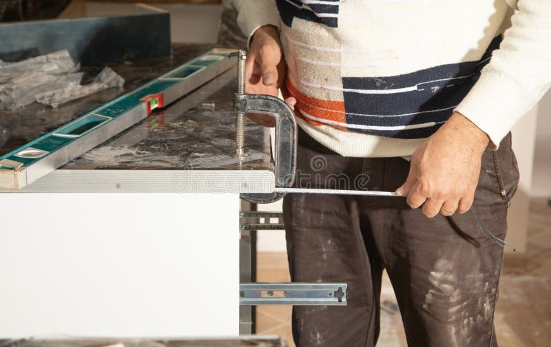 Man Assembling New Kitchen Countertop Stock Photo - Image of carpentry ...