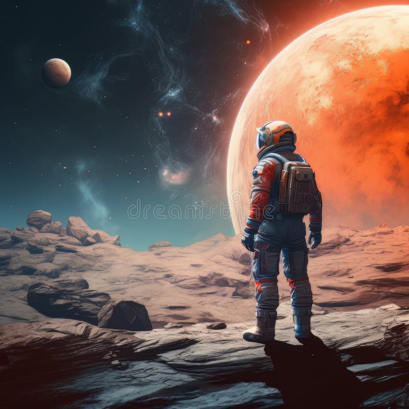 Man Astronaut in a Spacesuit on the Surface of the Planet in Outer ...