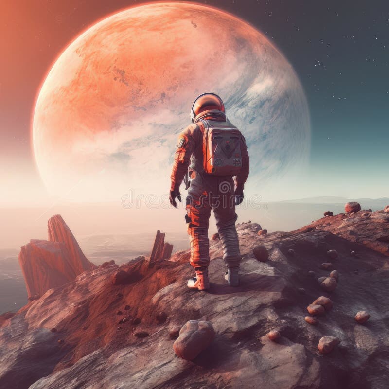 Man Astronaut in a Spacesuit on the Surface of the Planet in Outer ...