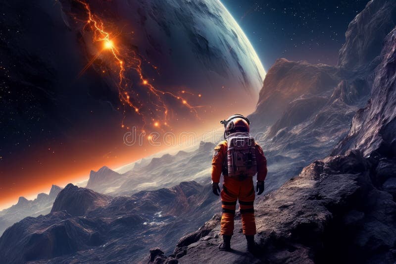 Man Astronaut in a Spacesuit on the Surface of the Planet in Outer ...