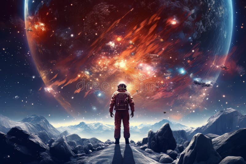 Man Astronaut in a Spacesuit on the Surface of the Planet in Outer ...