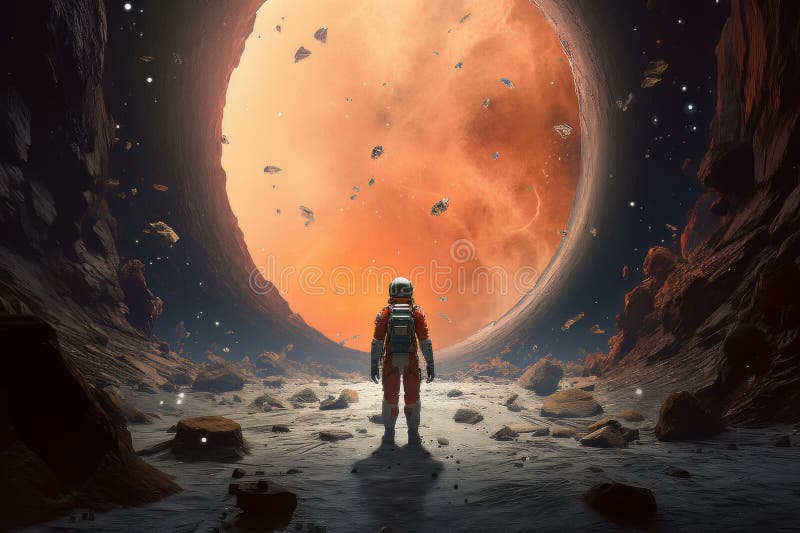 Man Astronaut in a Spacesuit on the Surface of the Planet in Outer ...