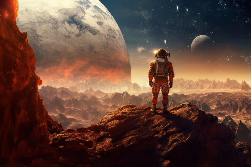 Man Astronaut in a Spacesuit on the Surface of the Planet in Outer ...