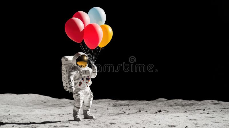 A Man in an Astronaut Suit Holding Balloons on the Moon, AI Stock Image ...