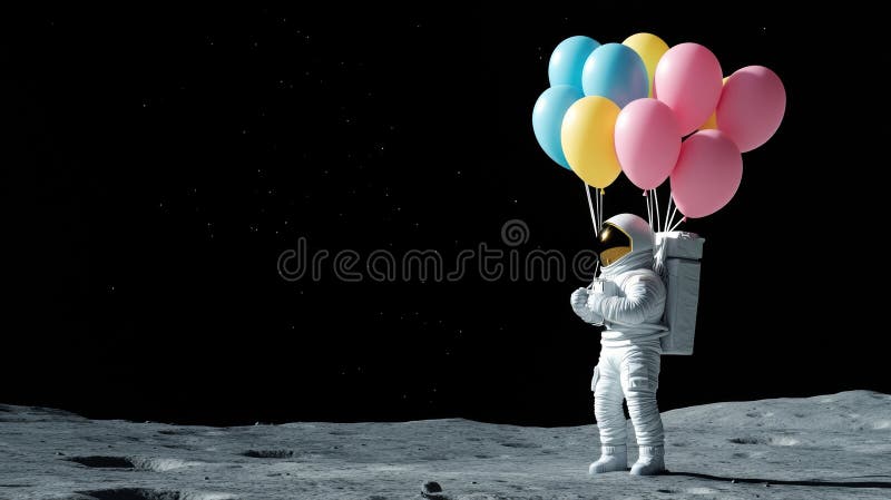 A Man in an Astronaut Suit Standing on the Moon Holding Balloons, AI ...