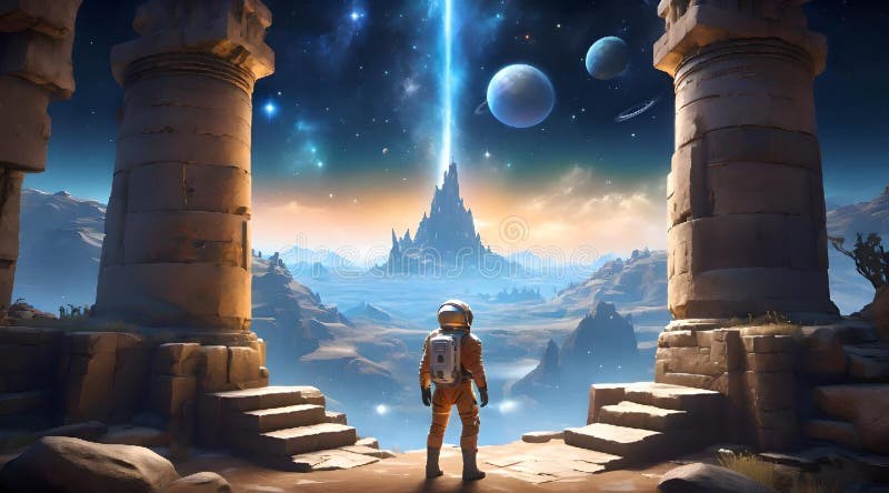 A Man in an Astronaut Suit Walking on a Path with a Space in the ...