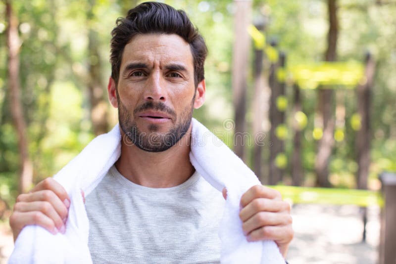 Man Athlete with Towel after Running Outdoor Stock Image - Image of ...
