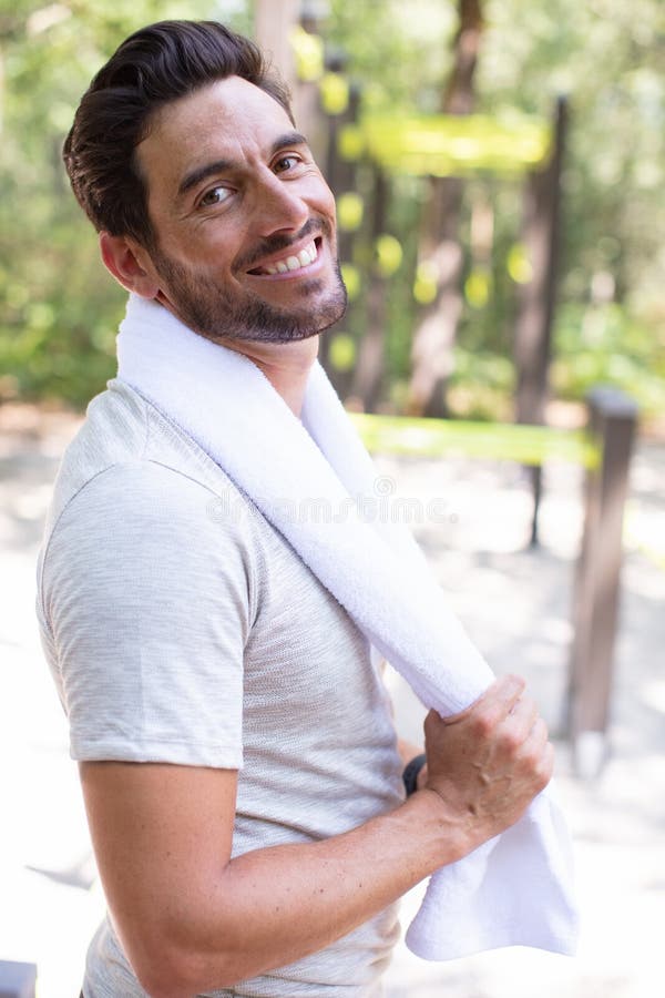 Man Athlete with Towel after Running Outdoors Stock Photo - Image of ...